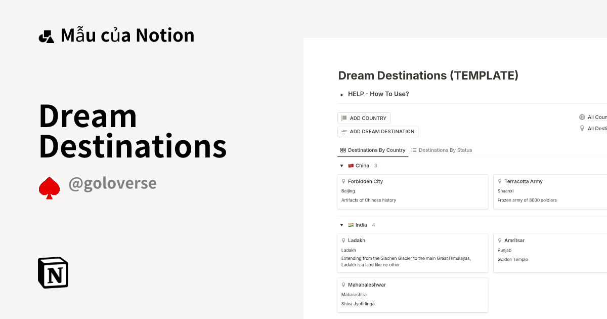 Dream Destinations Mẫu do Goloverse tạo | Thị trường Notion