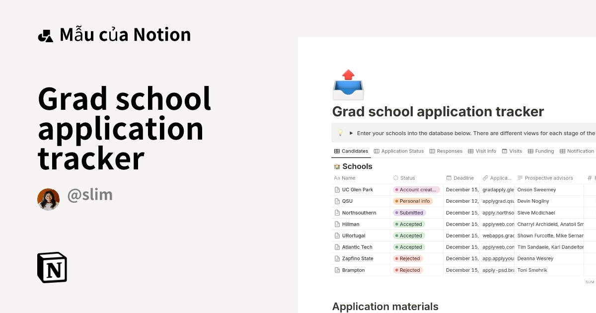 Grad school application tracker Mẫu do Slim tạo | Thị trường Notion