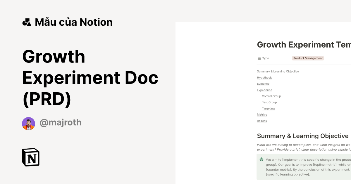 Growth Experiment Doc (PRD) Mẫu do Martin Merschroth tạo | Thị trường Notion