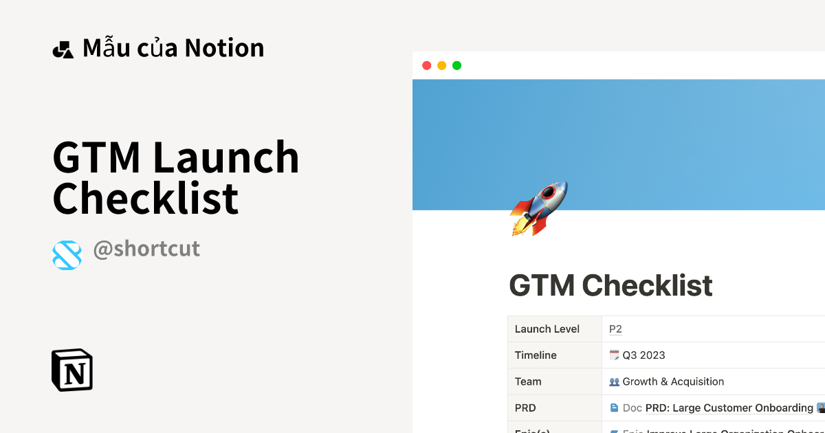 GTM Launch Checklist Mẫu do Shortcut tạo | Thị trường Notion