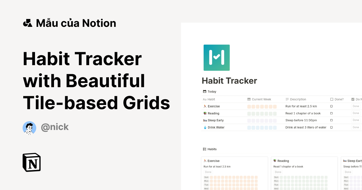 Mẫu Habit Tracker with Beautiful Tile-based Grids | Thị trường Notion