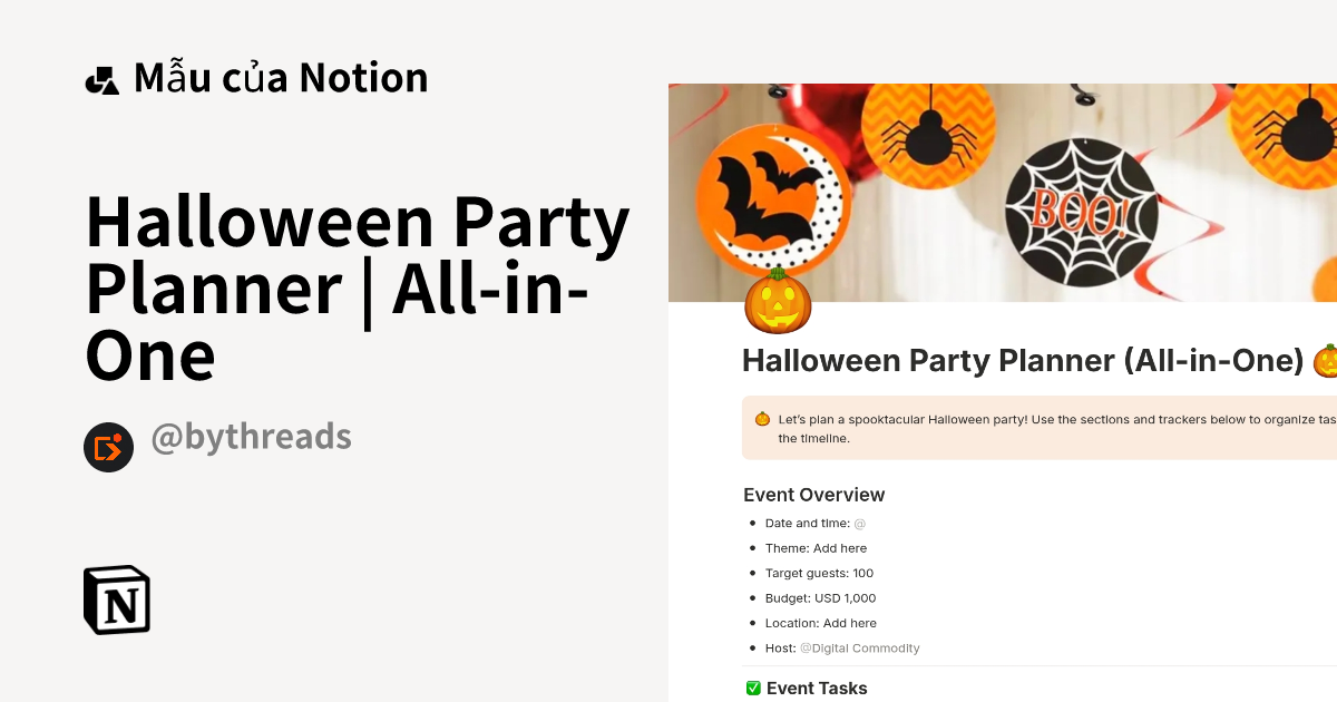 Mẫu Halloween Party Planner | All-in-One | Thị trường Notion