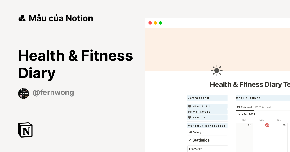 Health & Fitness Diary Mẫu do Fern Wong tạo | Thị trường Notion