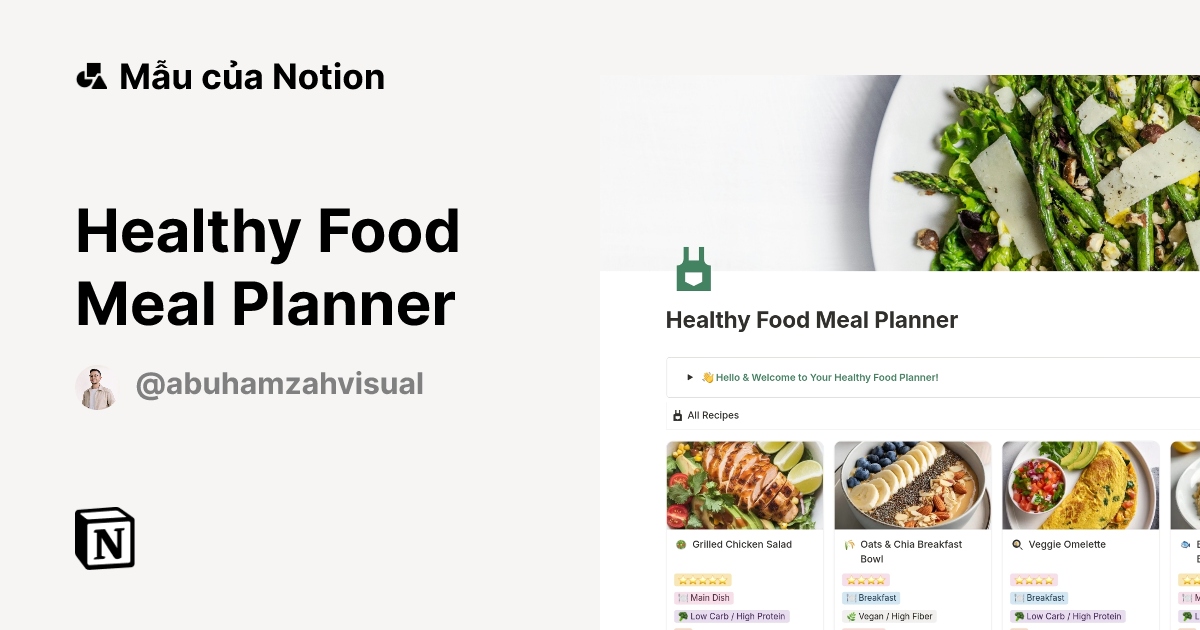 Healthy Food Meal Planner Mẫu do Abu Hamzah visual tạo | Thị trường Notion