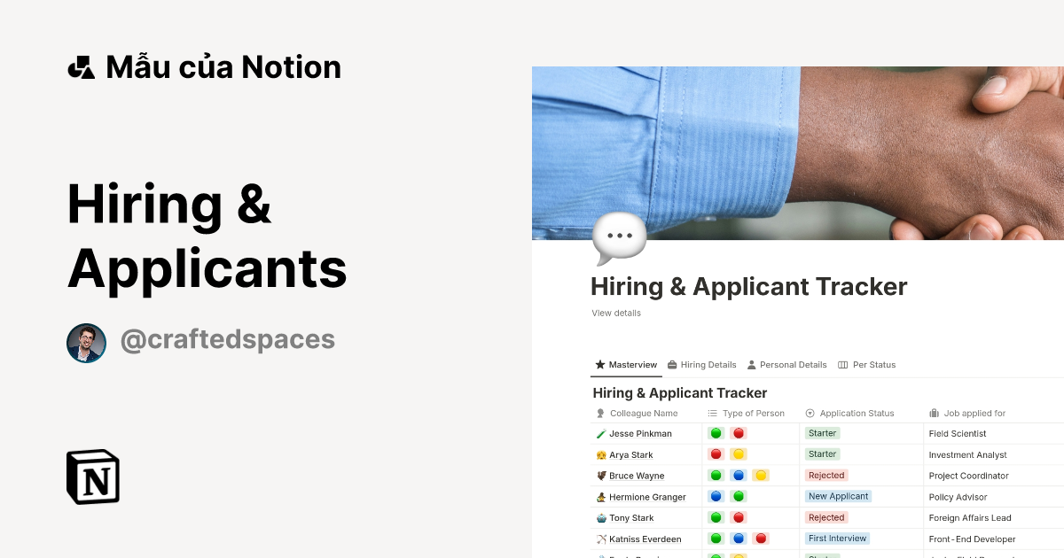 Mẫu Hiring & Applicants | Thị trường Notion