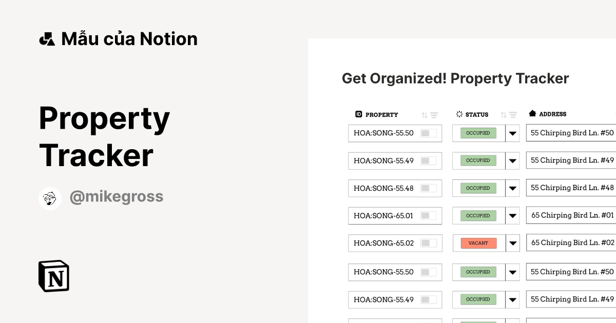 Property Tracker Mẫu do Mike Gross tạo | Thị trường Notion