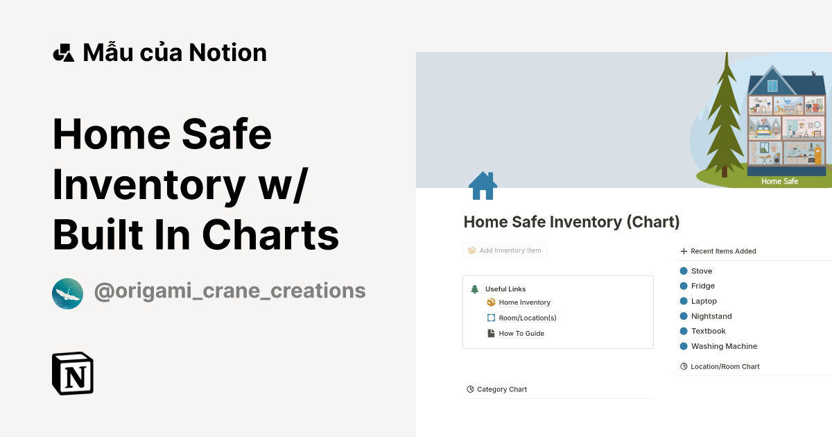 Home Safe Inventory w/ Built In Charts Mẫu do Origami Crane Creations tạo | Thị trường Notion