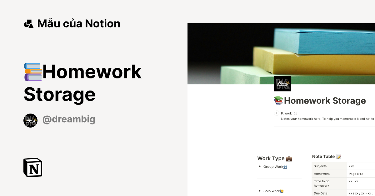 Mẫu 📚Homework Storage | Thị trường Notion