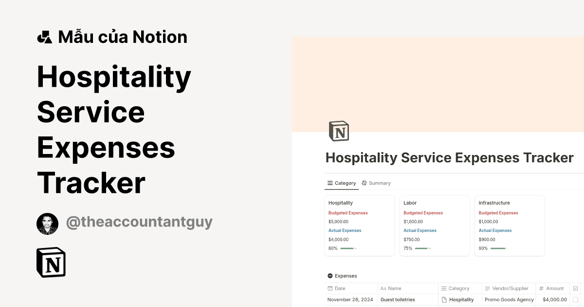 Mẫu Hospitality Service Expenses Tracker | Thị trường Notion