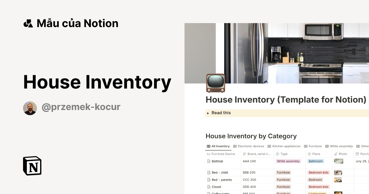 Mẫu House Inventory | Thị trường Notion