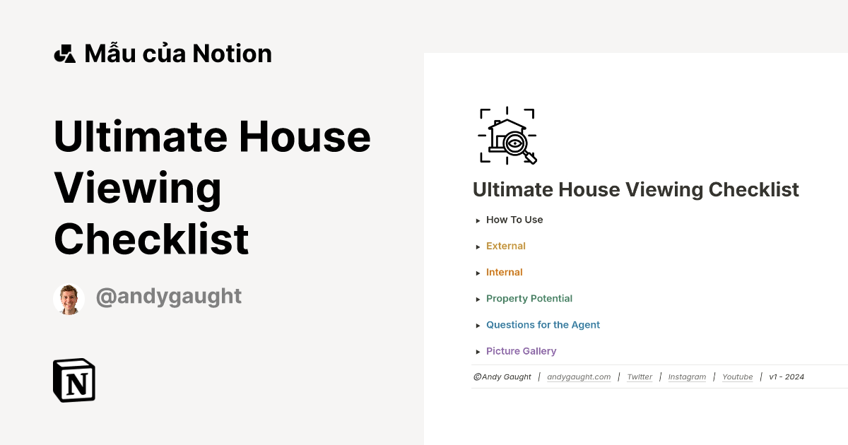 Ultimate House Viewing Checklist Mẫu do Andy Gaught tạo | Thị trường Notion