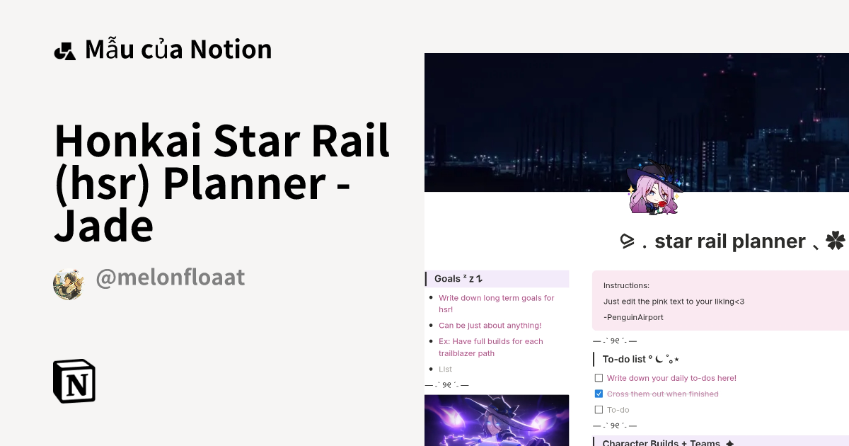 Mẫu Honkai Star Rail (hsr) Planner - Jade | Thị trường Notion