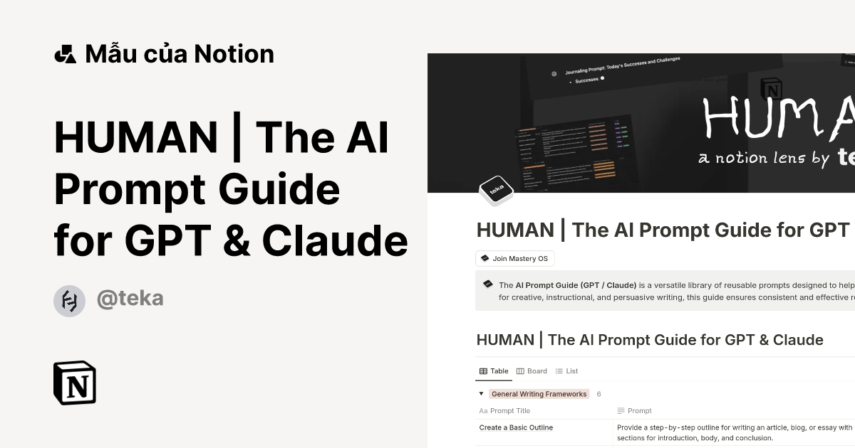 Mẫu HUMAN | The AI Prompt Guide for GPT & Claude | Thị trường Notion
