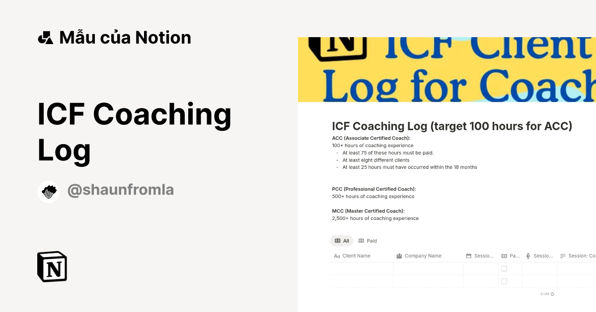 ICF Coaching Log Mẫu do ShaunFromLA tạo | Thị trường Notion
