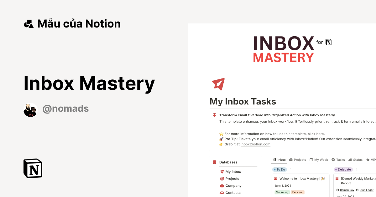 Mẫu Inbox Mastery | Thị trường Notion