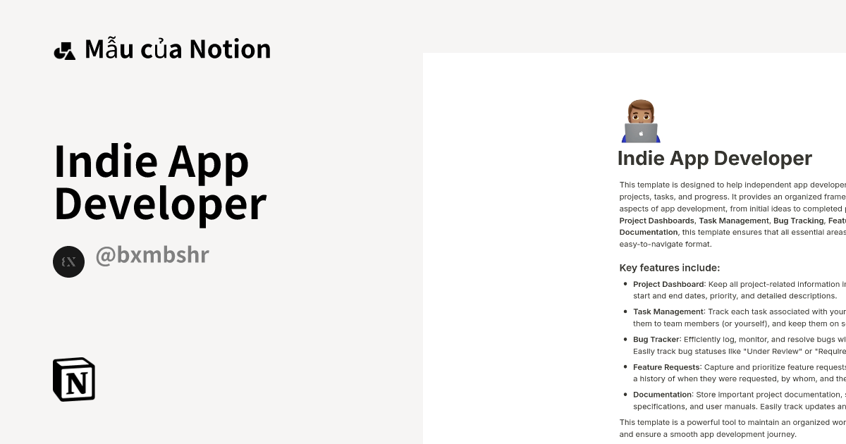 Mẫu Indie App Developer | Thị trường Notion