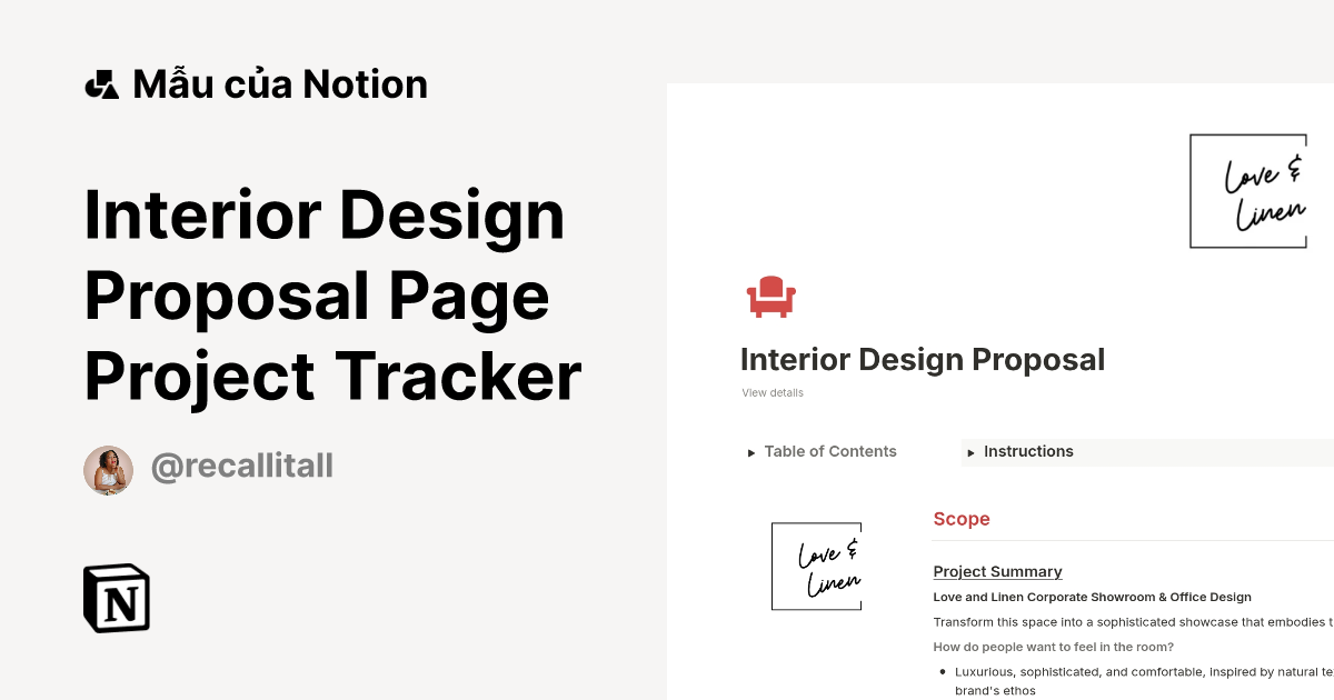 Mẫu Interior Design Proposal Page Project Tracker | Thị trường Notion