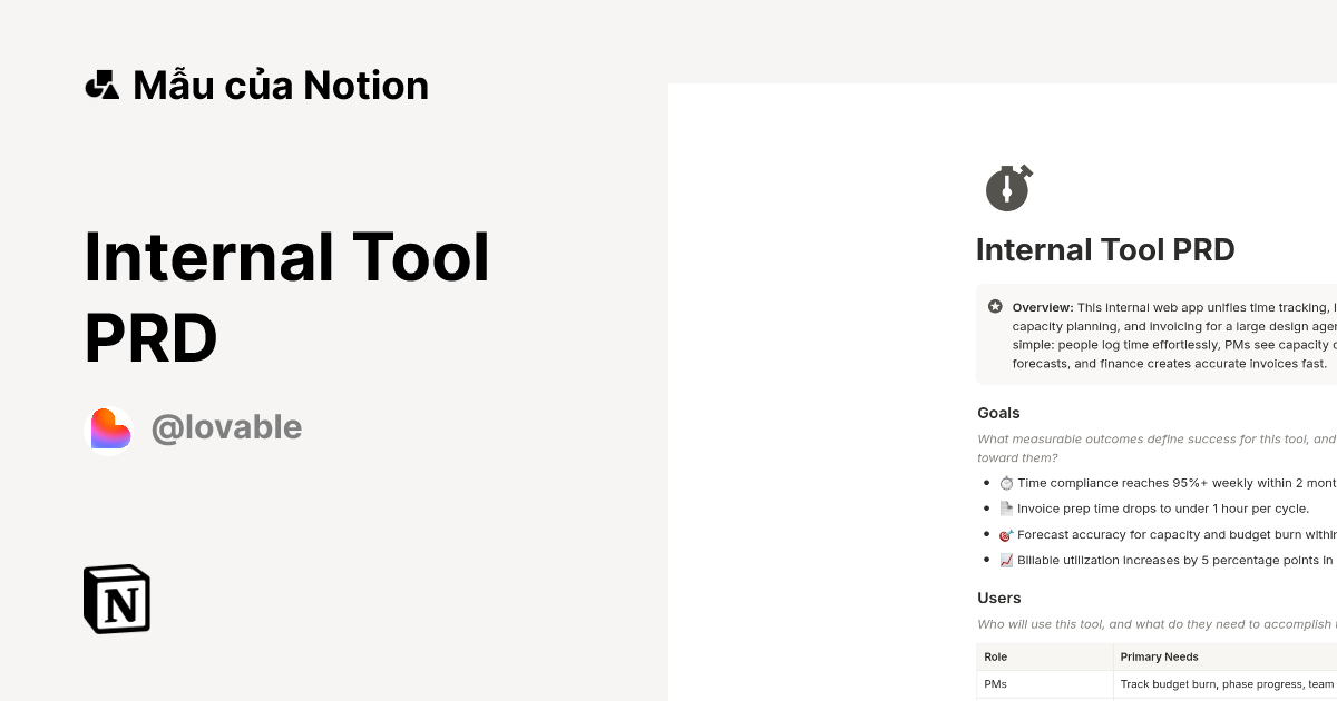 Internal Tool PRD Mẫu do Lovable tạo | Thị trường Notion
