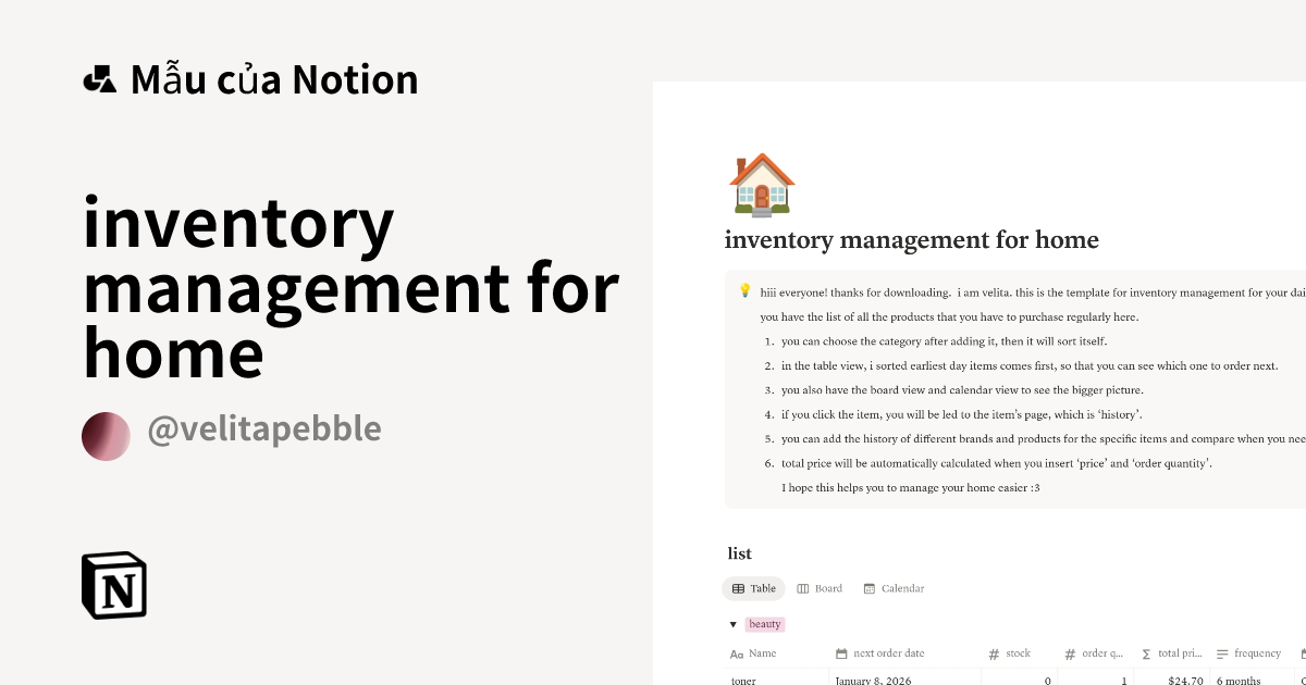 Mẫu inventory management for home | Thị trường Notion