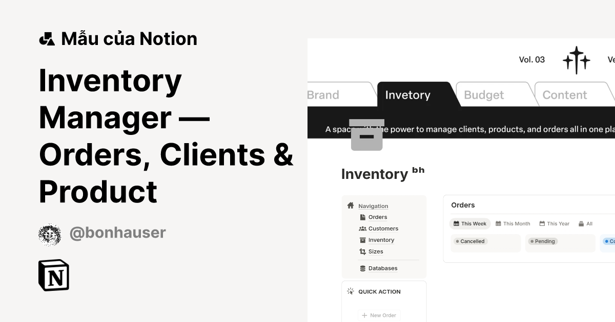 Inventory Manager — Orders, Clients & Product Mẫu do Bon Hauser tạo | Thị trường Notion