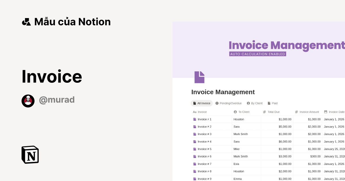 Invoice Mẫu do Murad tạo | Thị trường Notion