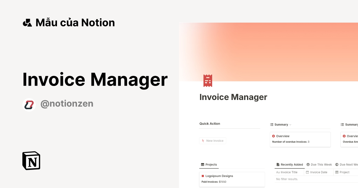 Invoice Manager Mẫu do notionzen tạo | Thị trường Notion