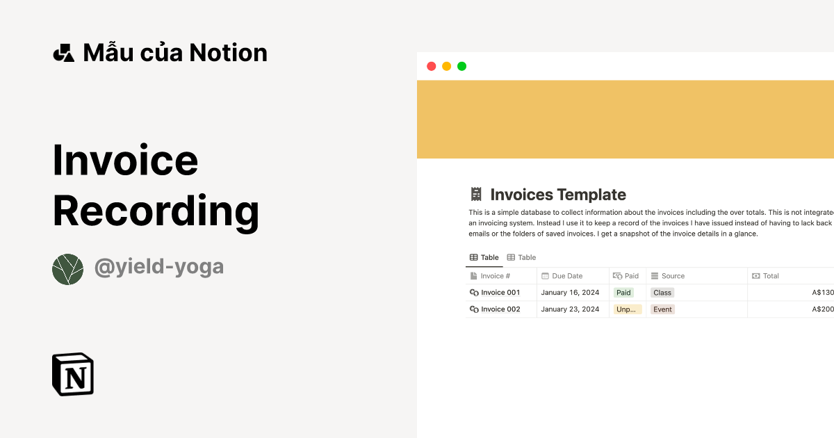 Mẫu Invoice Recording | Thị trường Notion