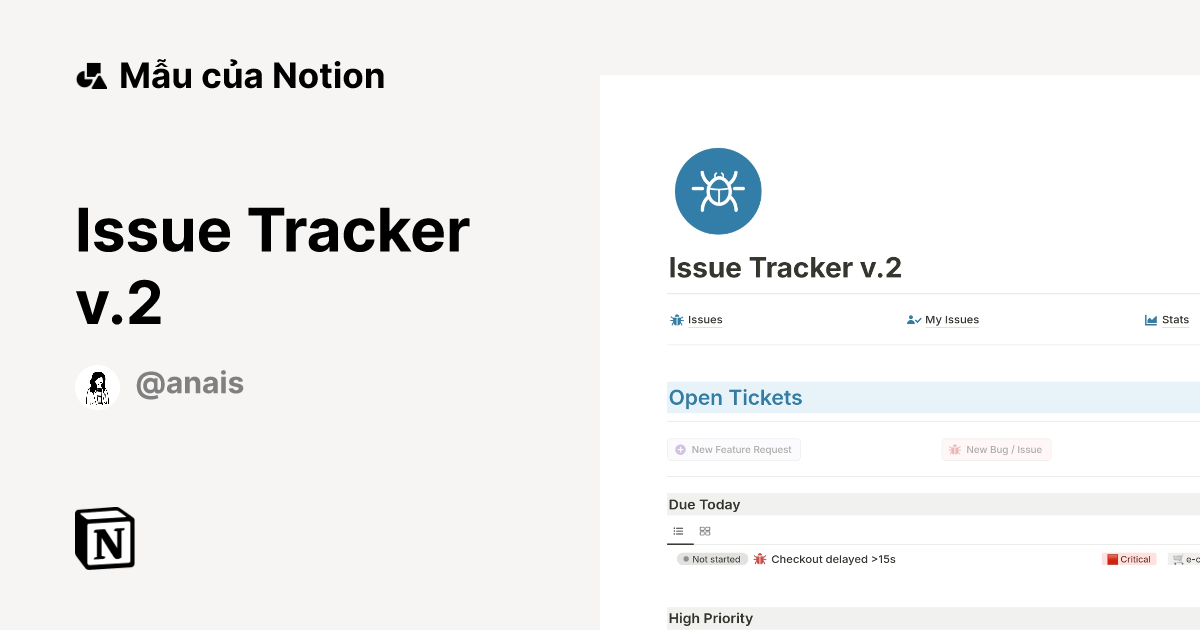 Mẫu Issue Tracker v.2 | Thị trường Notion