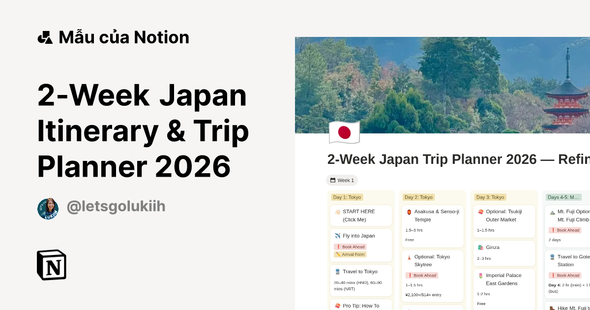 Mẫu 2-Week Japan Itinerary & Trip Planner 2026 | Thị trường Notion