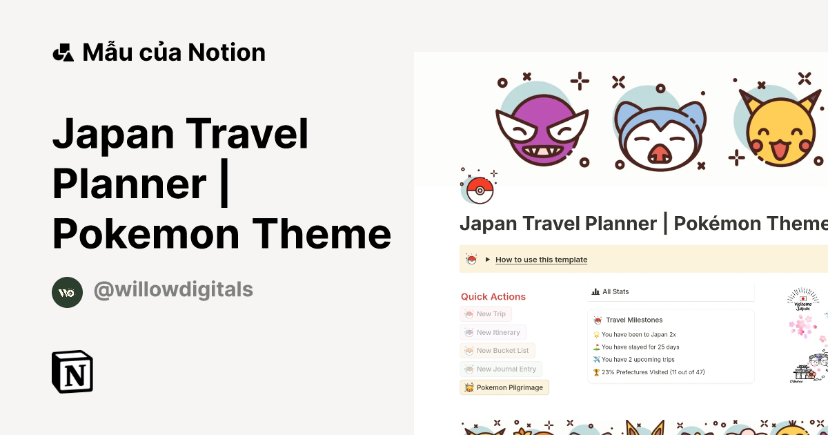 Mẫu Japan Travel Planner | Pokemon Theme | Thị trường Notion
