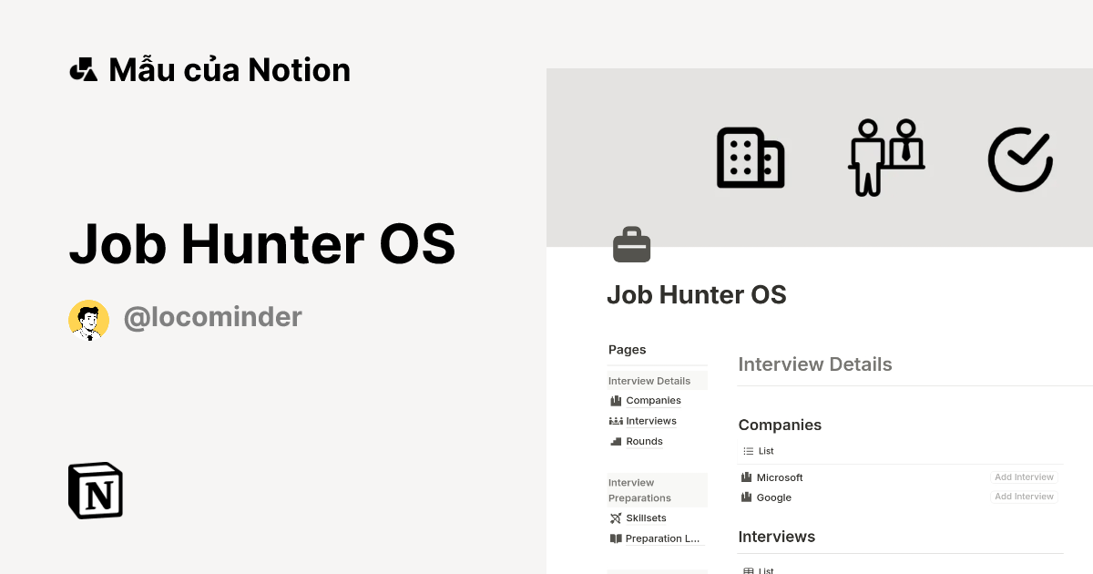 Job Hunter OS Mẫu do Locominder tạo | Thị trường Notion