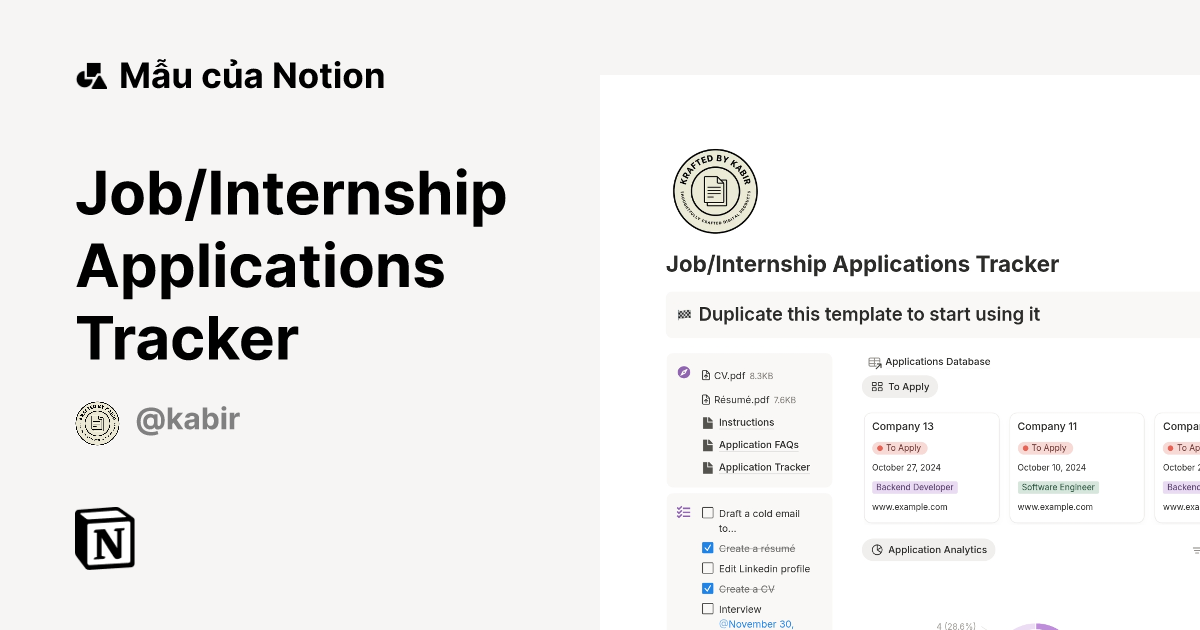 Mẫu Job/Internship Applications Tracker | Thị trường Notion