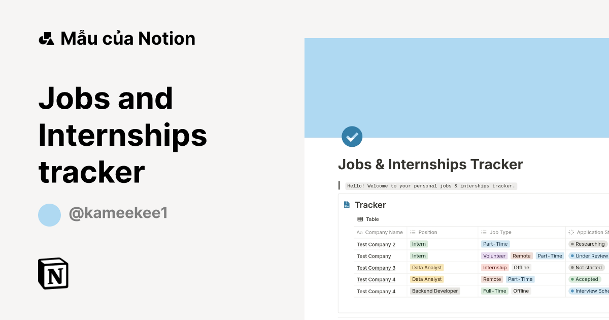 Jobs and Internships tracker Mẫu do Kamila tạo | Thị trường Notion