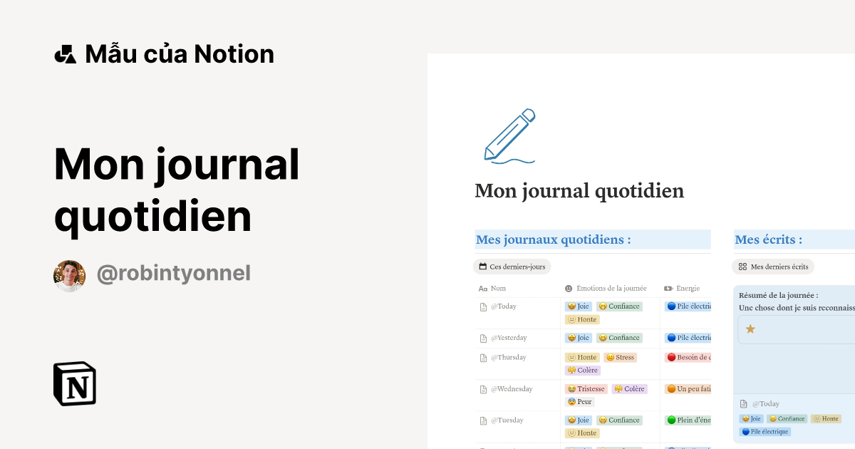 Mẫu Mon journal quotidien | Thị trường Notion
