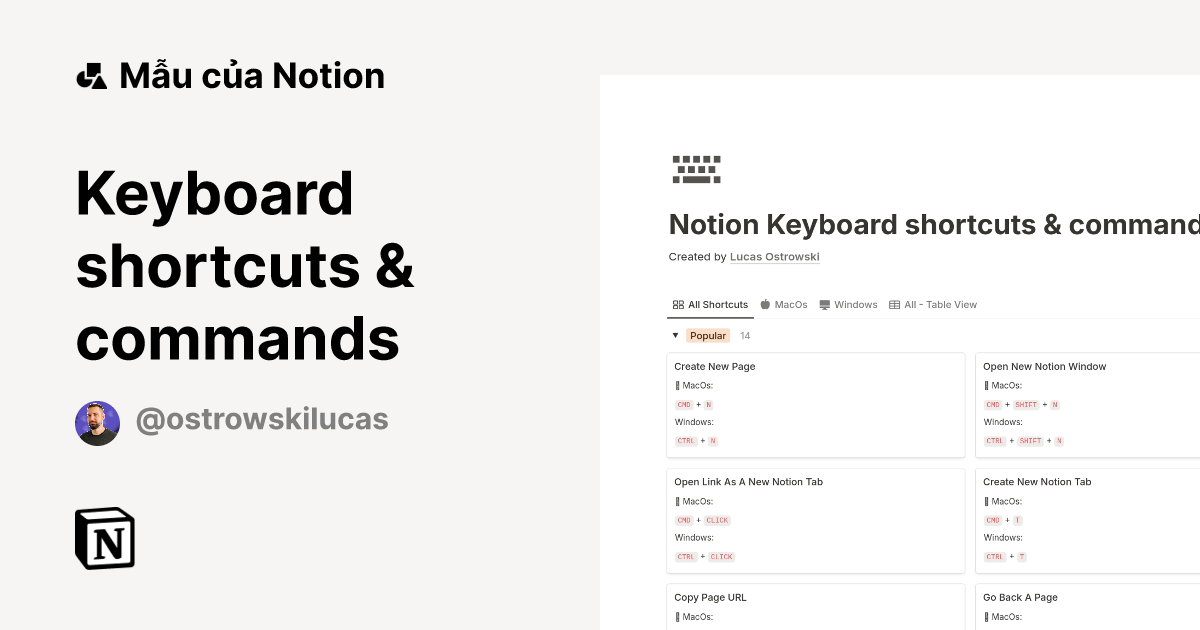 Mẫu Keyboard shortcuts & commands | Thị trường Notion