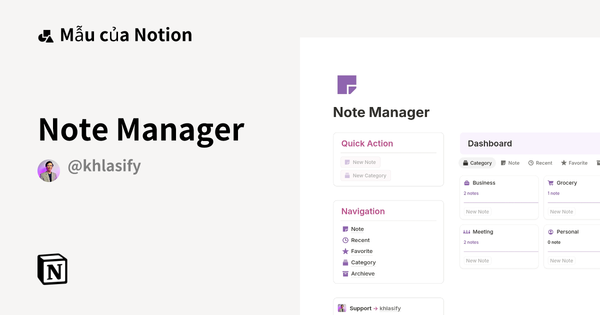 Note Manager Mẫu do khlasify tạo | Thị trường Notion