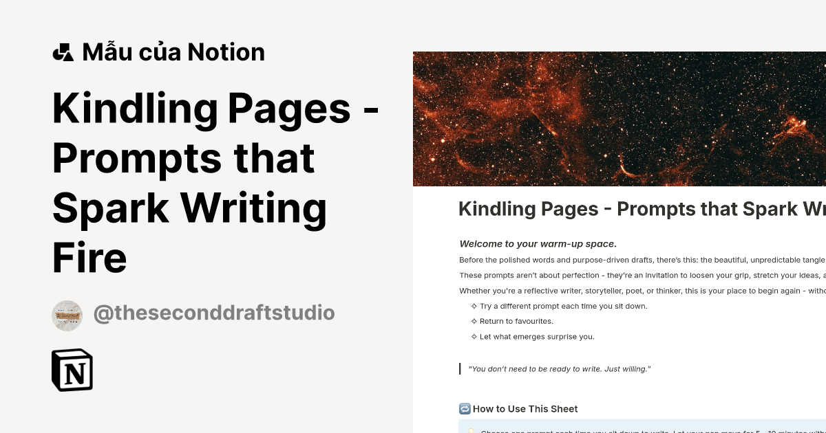 Mẫu Kindling Pages - Prompts that Spark Writing Fire | Thị trường Notion