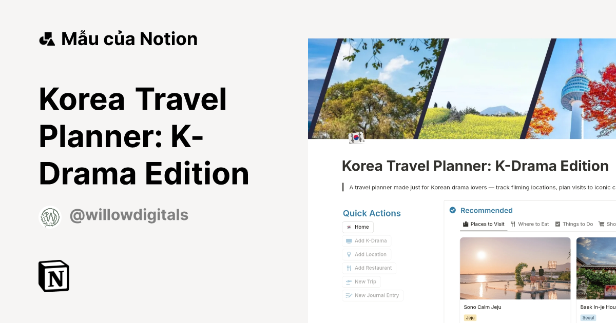 Mẫu Korea Travel Planner: K-Drama Edition | Thị trường Notion