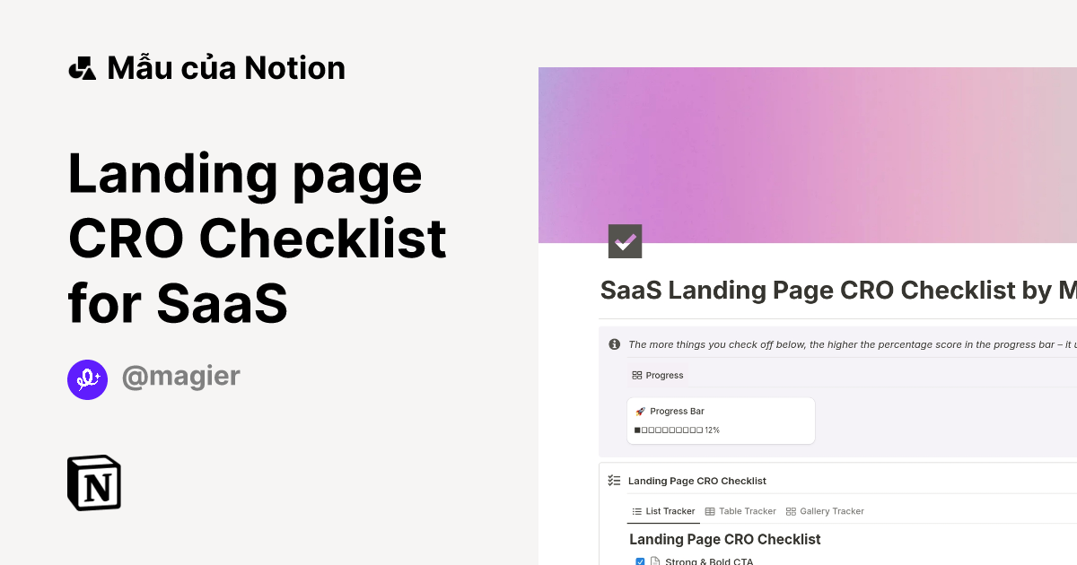 Mẫu Landing page CRO Checklist for SaaS | Thị trường Notion