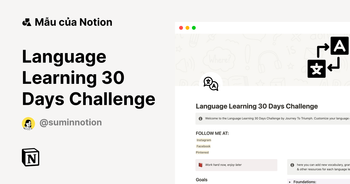 Language Learning 30 Days Challenge Mẫu do Sumin tạo | Thị trường Notion