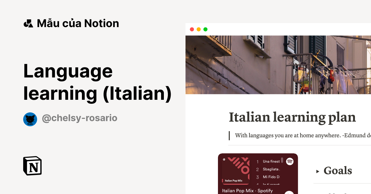 Mẫu Language learning (Italian) | Thị trường Notion