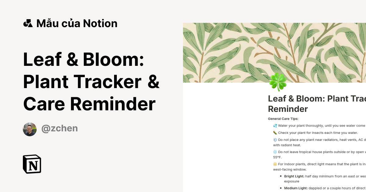 Mẫu Leaf & Bloom: Plant Tracker & Care Reminder | Thị trường Notion