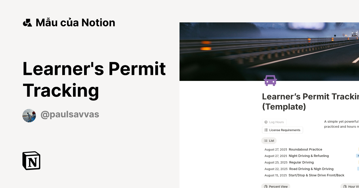 Learner's Permit Tracking Mẫu do Paul Savvas tạo | Thị trường Notion