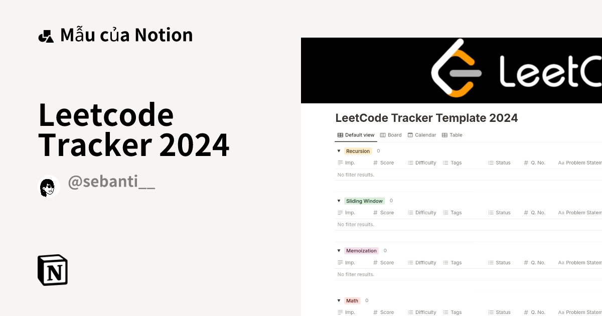 Mẫu Leetcode Tracker 2024 | Thị trường Notion