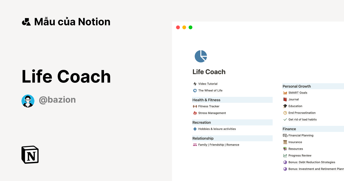 Life Coach Mẫu do Bazion tạo | Thị trường Notion