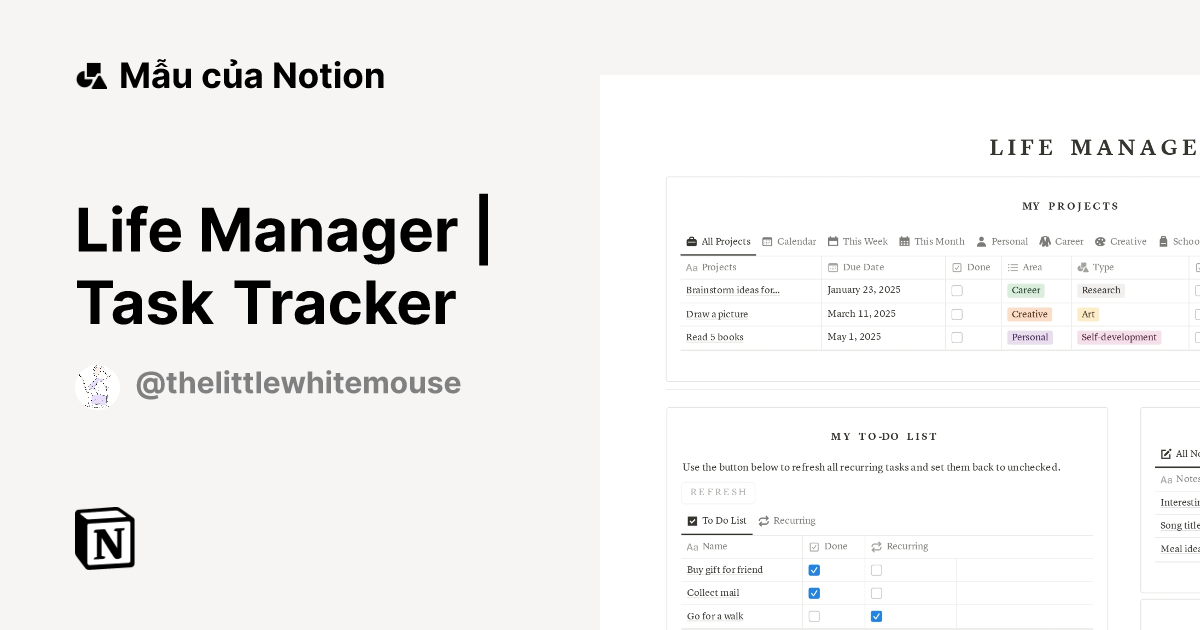 Life Manager | Task Tracker Mẫu do The Little White Mouse tạo | Thị trường Notion