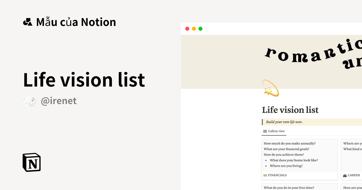 Life vision list Mẫu do Irene tạo | Thị trường Notion