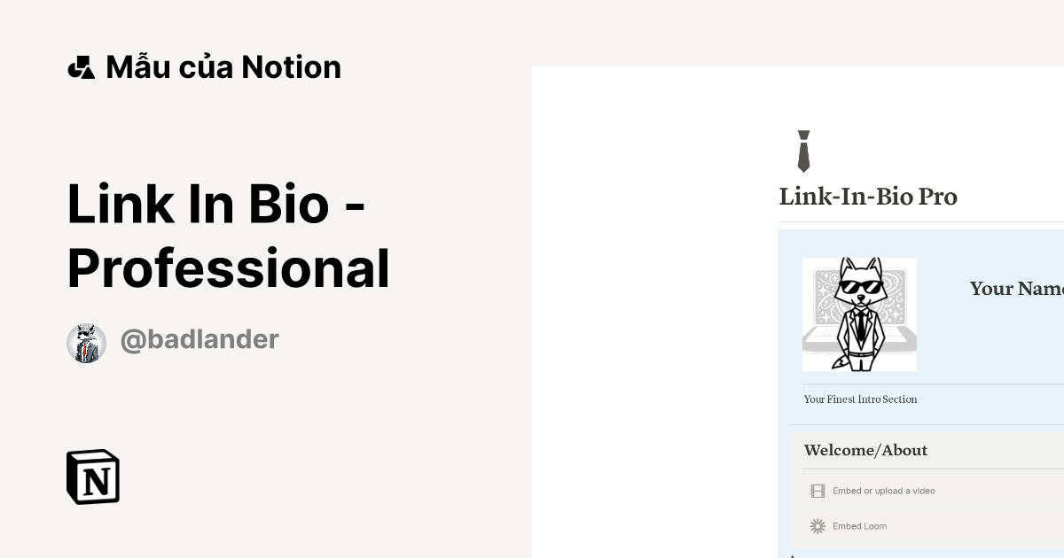 Mẫu Link In Bio - Professional | Thị trường Notion