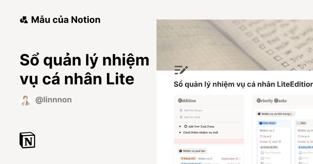 Mẫu Sổ quản lý nhiệm vụ cá nhân Lite | Thị trường Notion