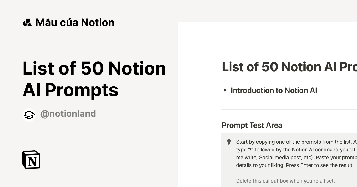 Mẫu List of 50 Notion AI Prompts | Thị trường Notion